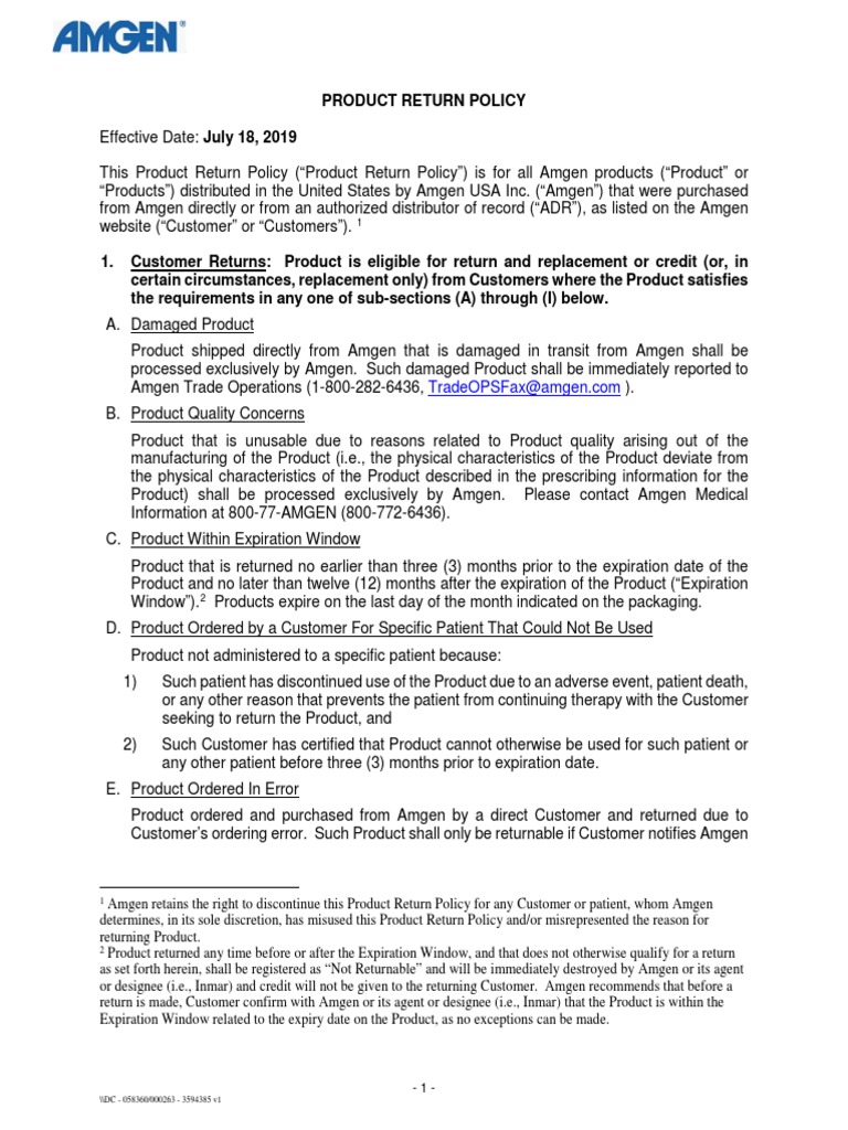 Amgen Product Return Policy Overview | PDF | Debit Card | Debits And ...