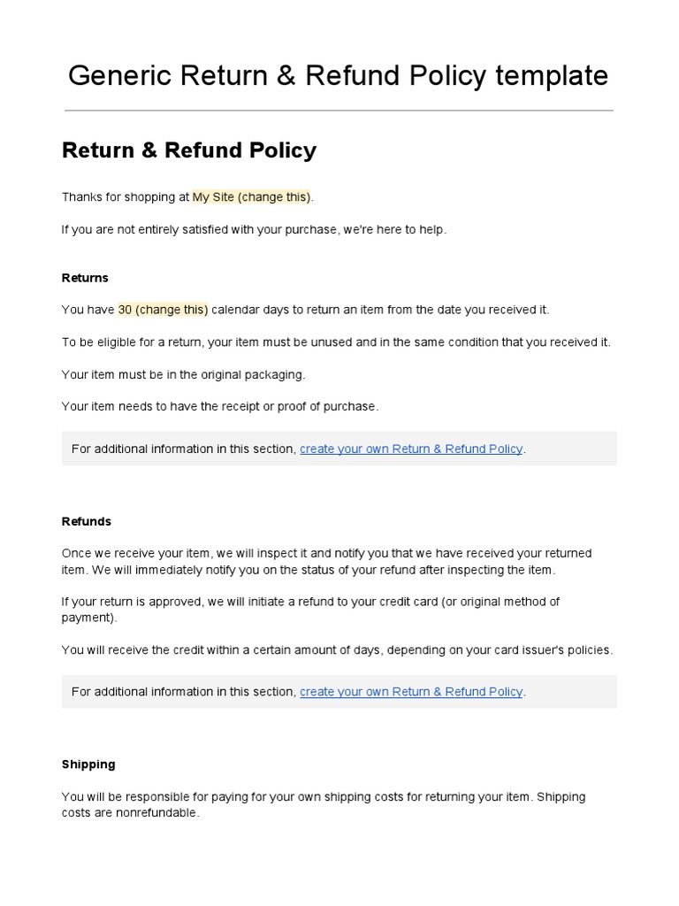 Generic Return & Refund Policy Template | PDF