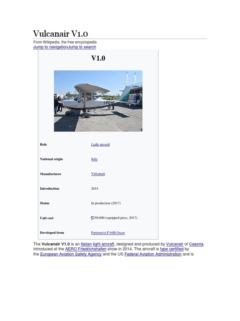 Vulcanair V1.0: Italian Light Aircraft | PDF