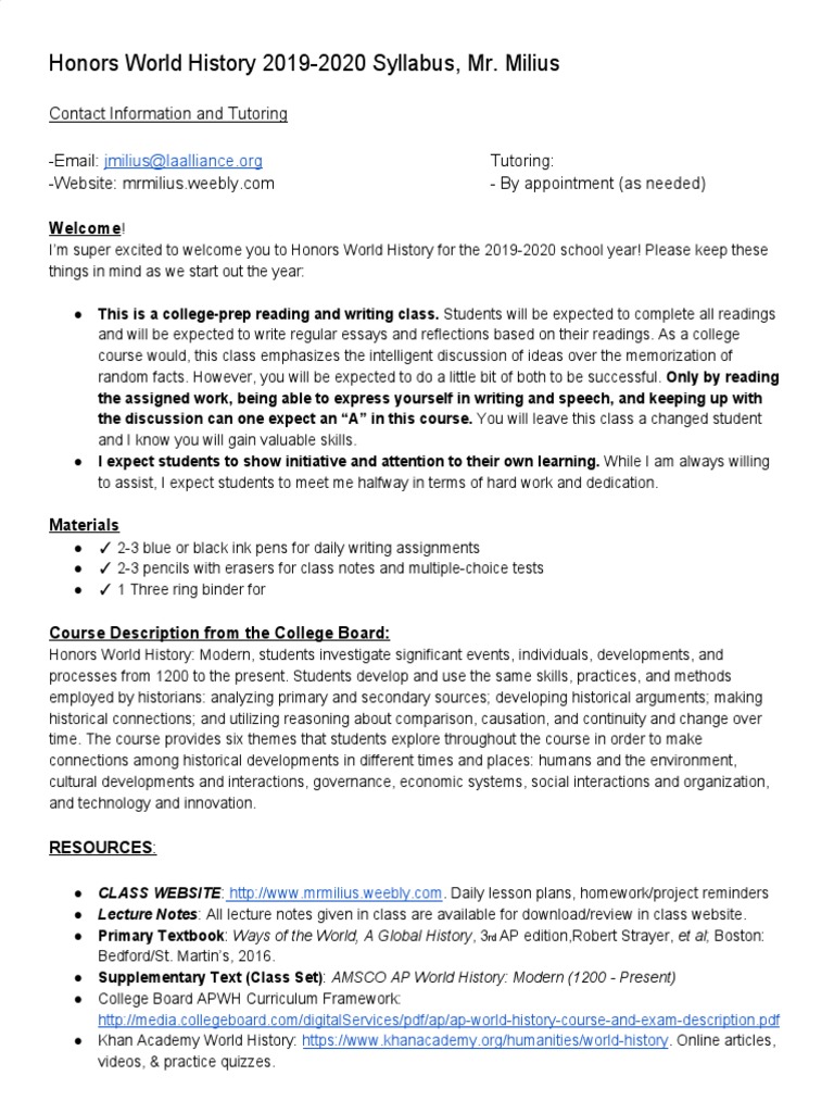 Honors World History 2019-2020 Syllabus | PDF | World History | Test ...