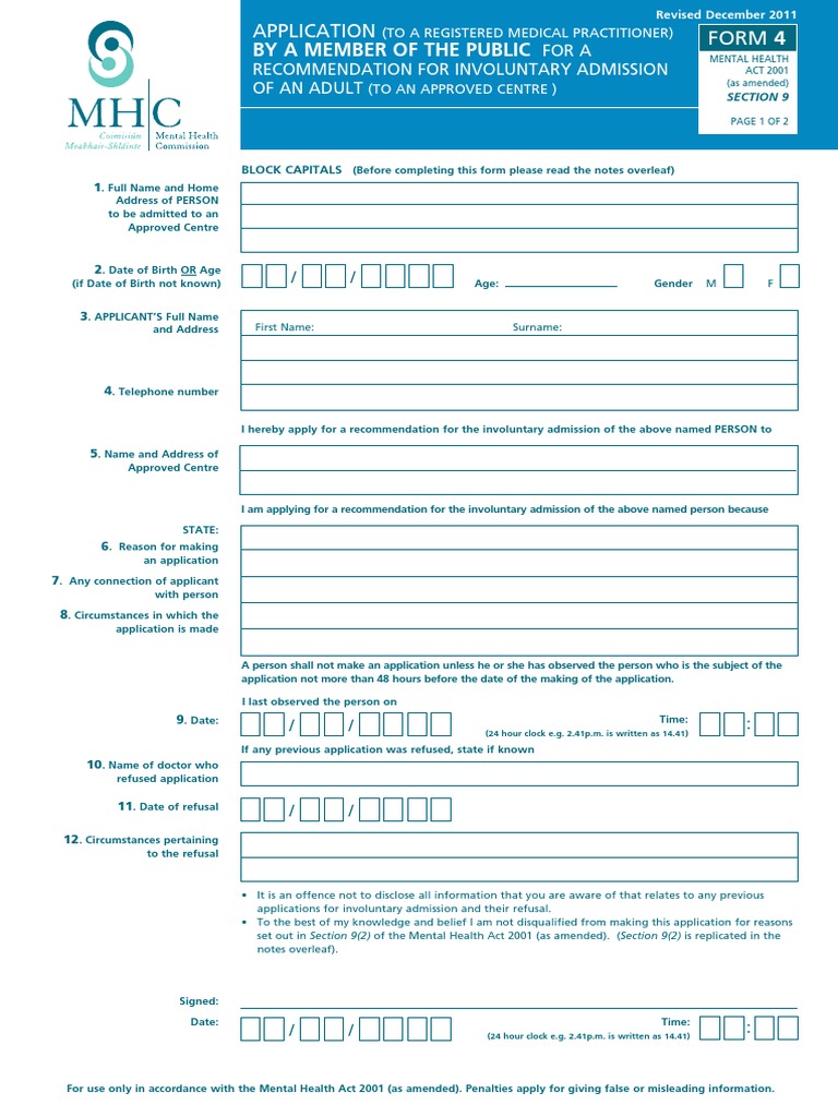Involuntary Admission Form Guide | PDF | Mental Disorder | Mental Health