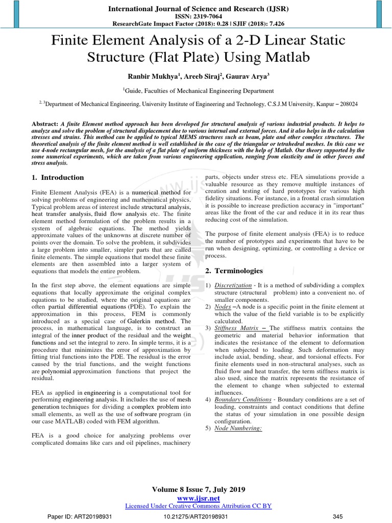 Finite Element Analysis of A 2-D Linear Static Structure (Flat Plate ...