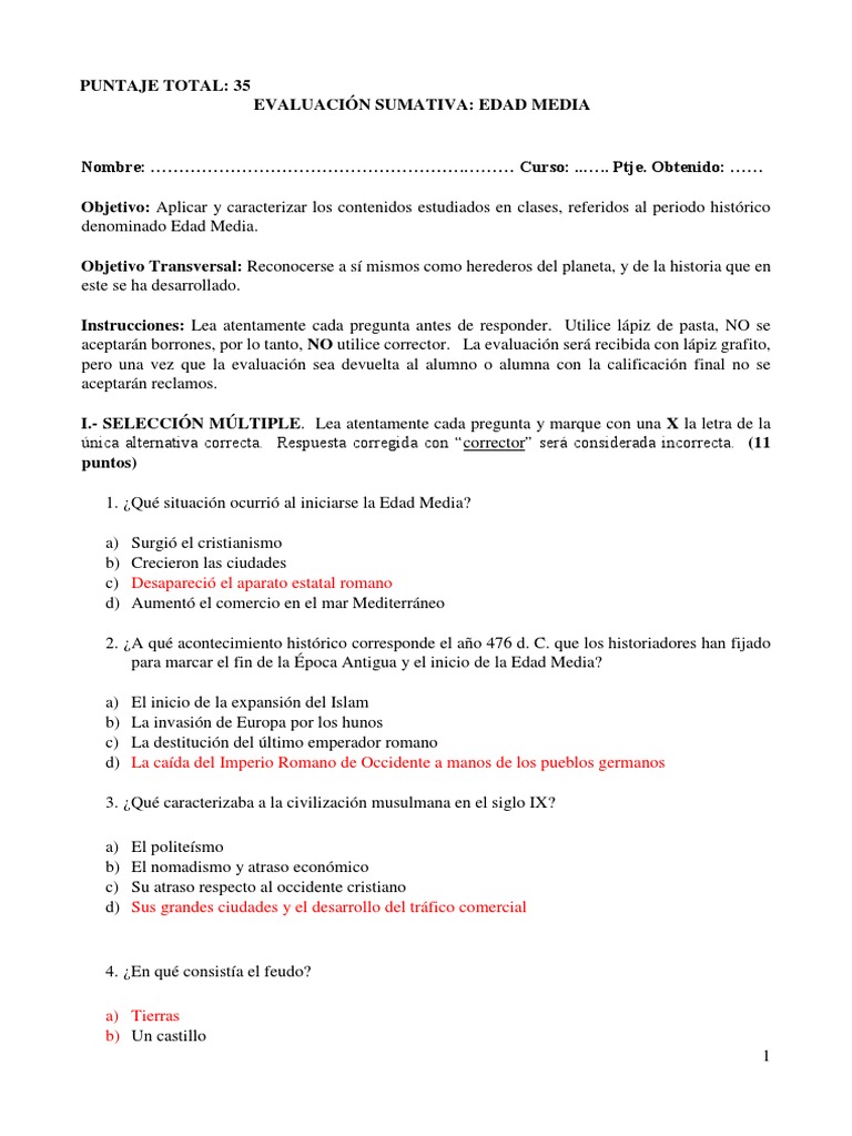 Prueba Edad Media 7 Basico | PDF | Feudalismo | Edades medias