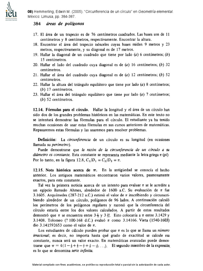 08) Hemmerling, Edwin M. (2005) - "Circunferencia de Un Círculo" en Geometría Elemental. México ...