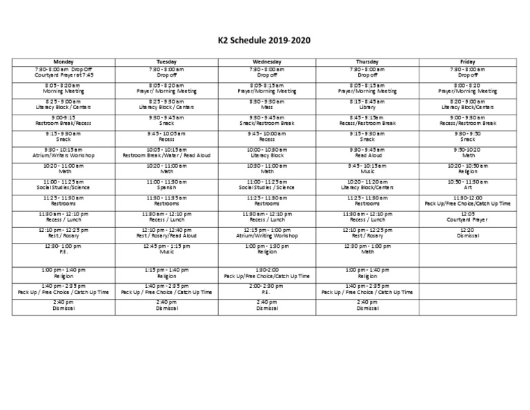 Kindergarten 2019-2020 Schedule | PDF | Religious Behaviour And Experience
