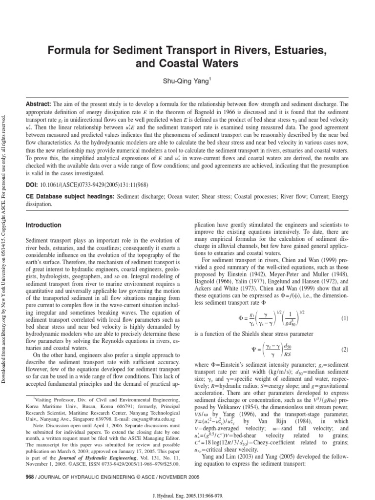 Formula For Sediment Transport in Rivers, Estuaries and Coast PDF | PDF ...