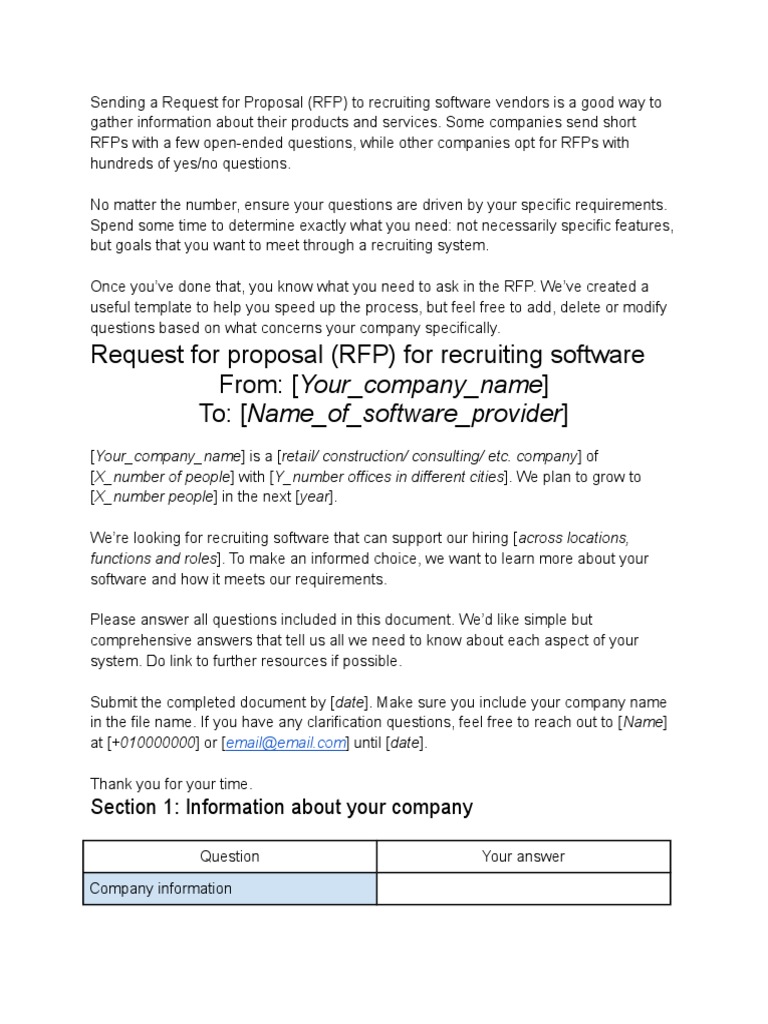 Request For Proposal (RFP) For Recruiting Software From: (Your - Company - Name) To: (Name - of ...