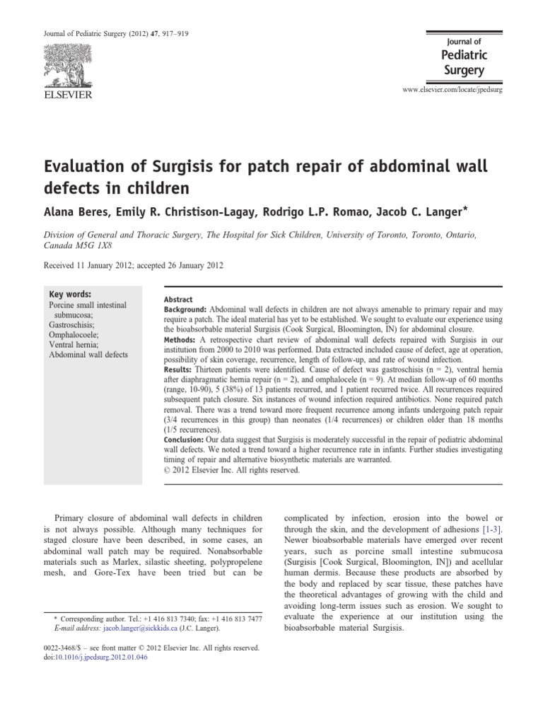 Evaluation of Surgisis For Patch Repair of Abdominal Wall Defects in ...