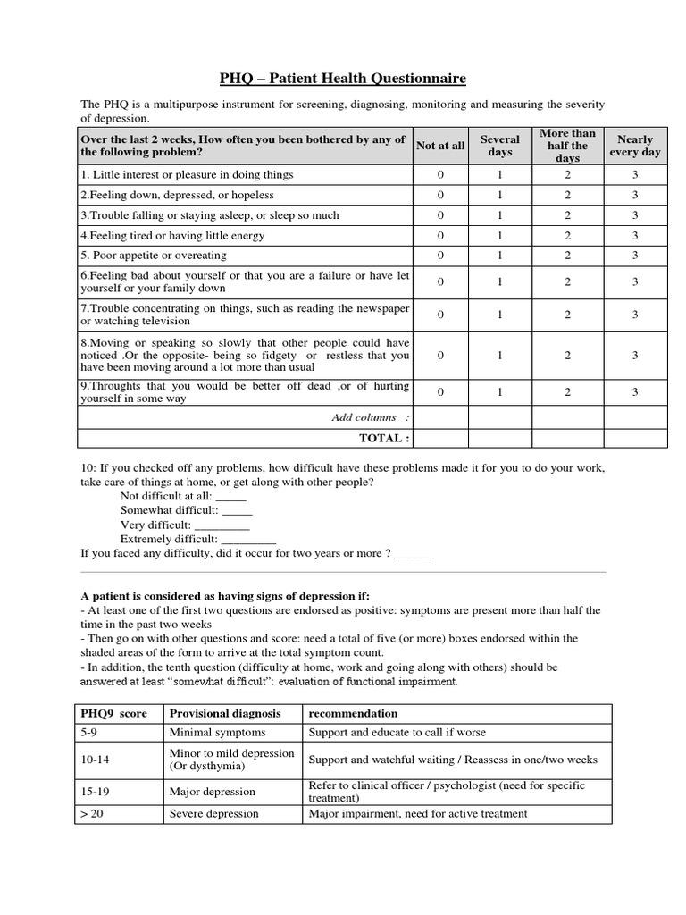 PHQ - Patient Health Questionnaire: Add Columns | PDF | Major ...