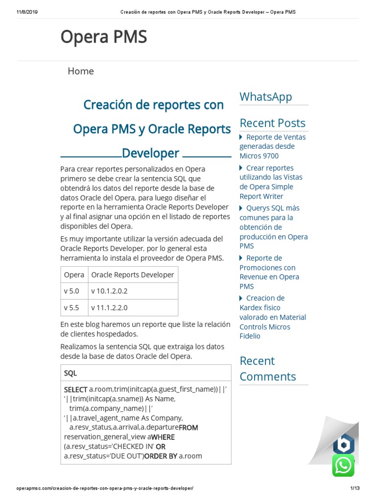 Creación de Reportes Con Opera PMS y Oracle Reports Developer - Opera ...