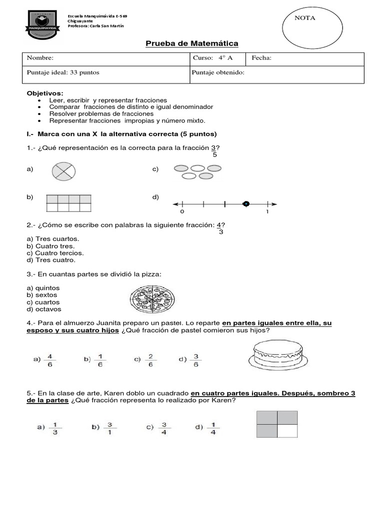 Prueba Fracciones (Reparado) | PDF | Fracción (Matemáticas) | Enseñanza ...