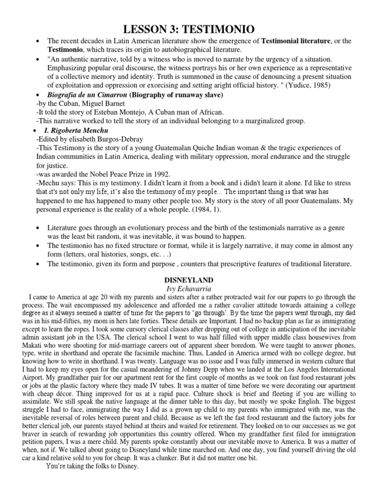 Lesson 3: Testimonio: Testimonio, Which Traces Its Origin To ...