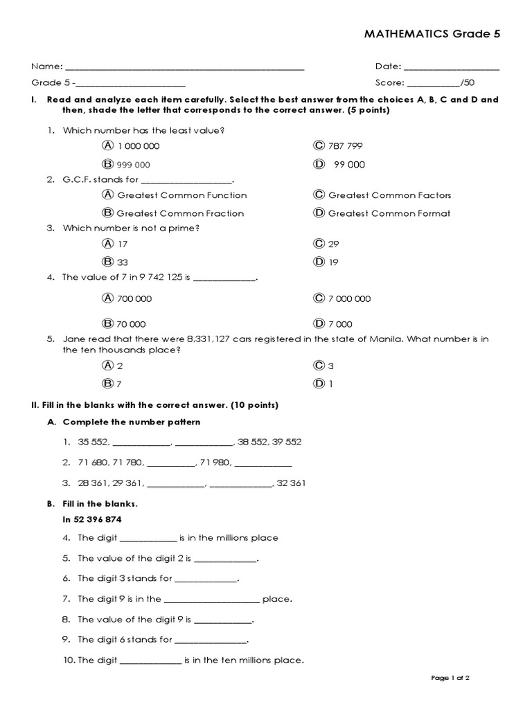 Grade 5 Mathematics Practice Test | PDF | Teaching Mathematics