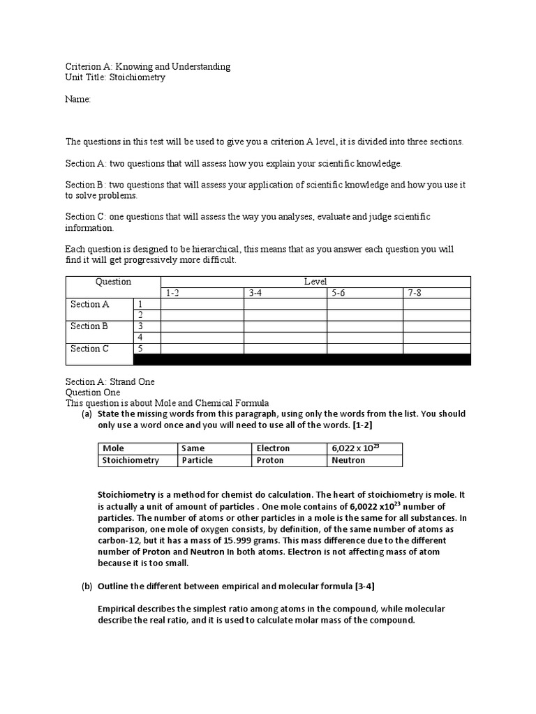MYP Chemistry: Stoichiometry Assessment | PDF | Mole (Unit) | Atoms