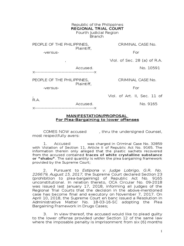 Manifestation For Plea Bargaining - RA 9165 and RA 10591 | PDF | Plea Bargain | Plea