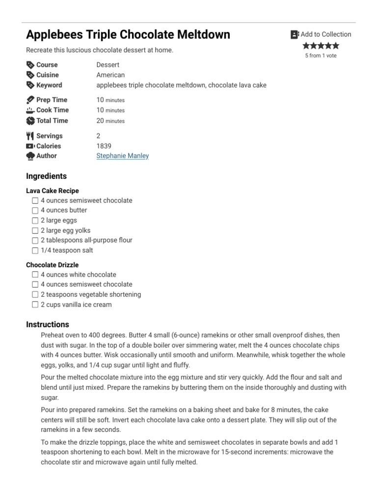 Applebee's Triple Chocolate Meltdown | PDF | Cakes | Chocolate