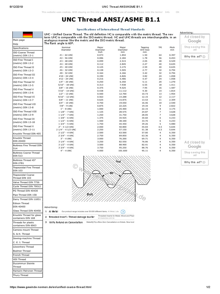 Unc Thread Ansi - Asme b1.1 | PDF | Cutting Tools | Metalworking