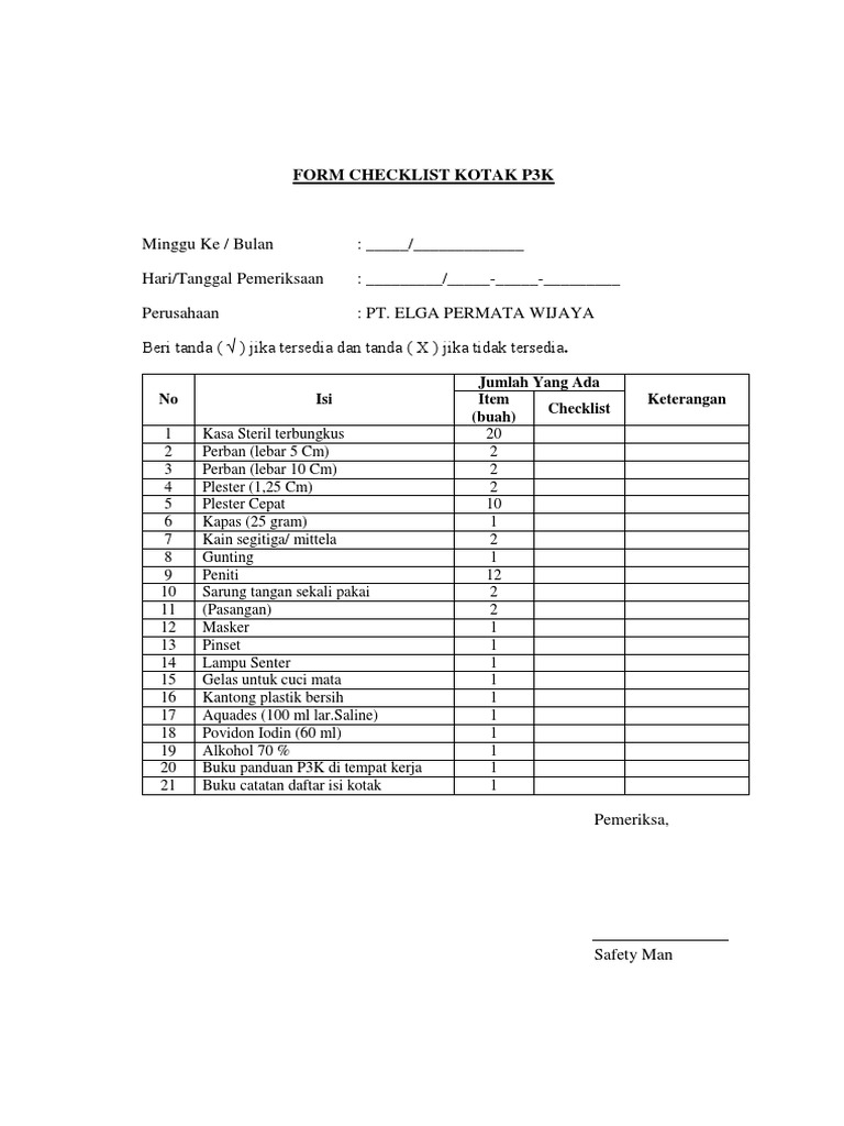 Form Checklist Kotak p3k | PDF