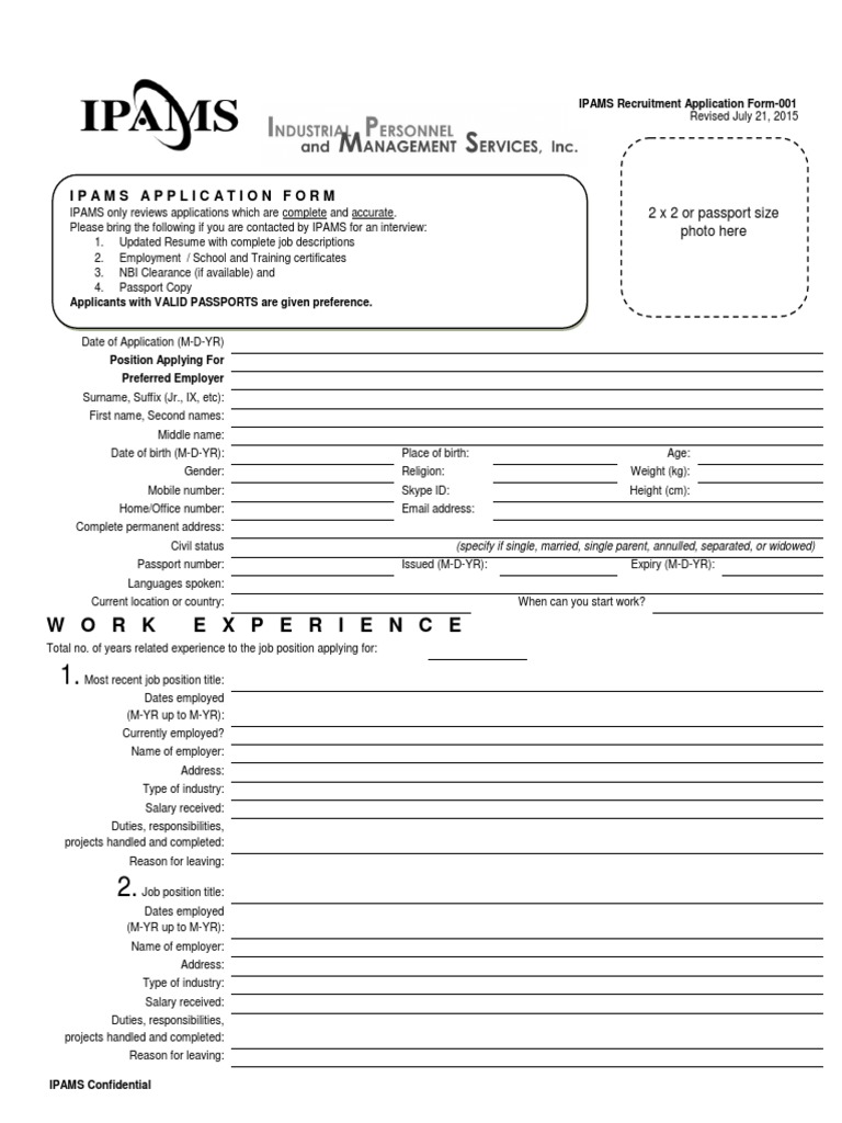 W O R K E X P E R I E N C E: Ipams Application Form | PDF | Employment ...