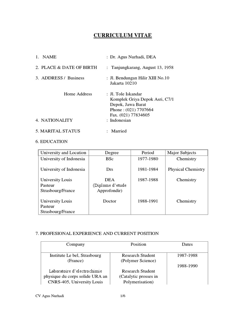 CV of Dr. Agus Nurhadi, Chemist | PDF | Inorganic Chemistry | Redox