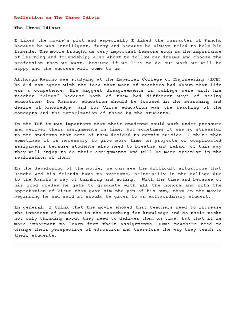 Reflection On The Three Idiots | PDF