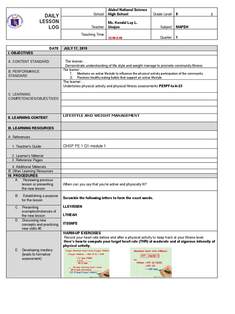 Daily Lesson LOG: OHSP PE 1 Q1-Module 1 | PDF | Physical Fitness | Learning