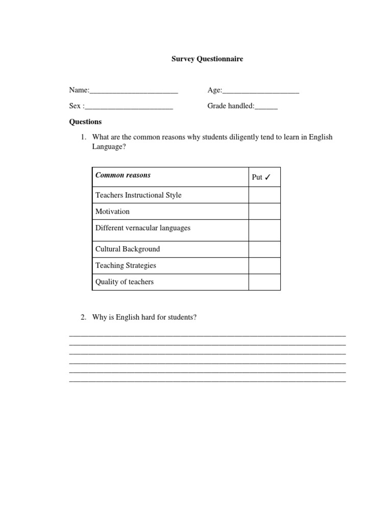 Survey Questionnaire: Common Reasons | PDF