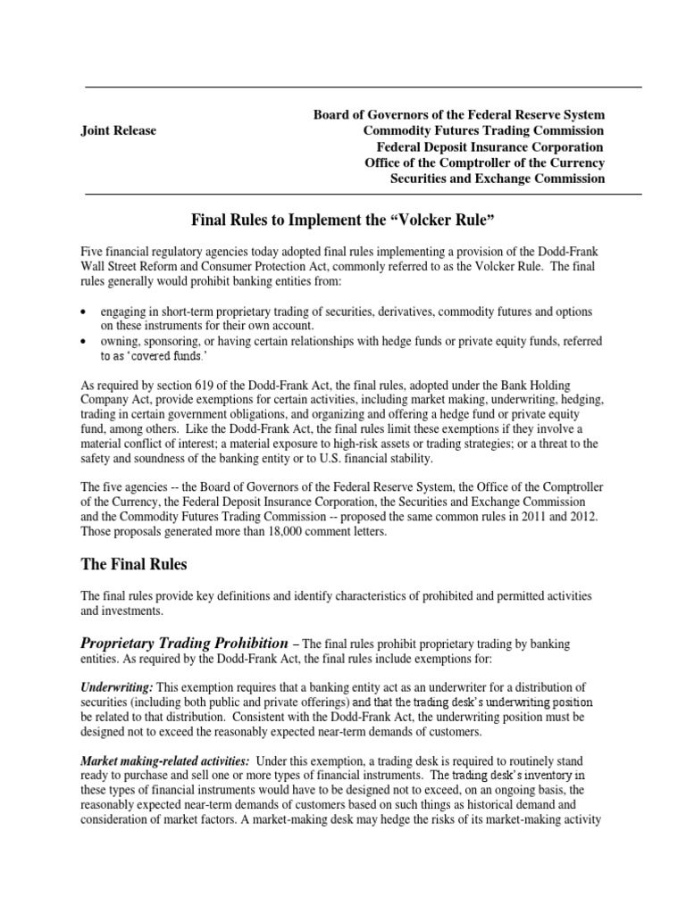 Volcker Fact Sheet | PDF | Dodd–Frank Wall Street Reform And Consumer ...