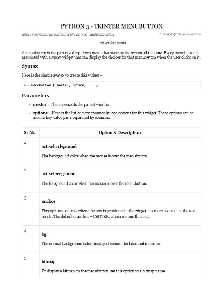 Tkinter Menubutton | PDF | Button (Computing) | Menu (Computing)