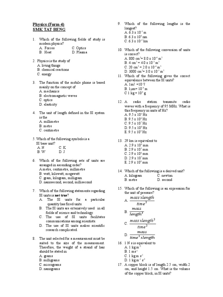 Physics (Form 4) SMK Tat Beng: Time Length X Mass | Download Free PDF ...