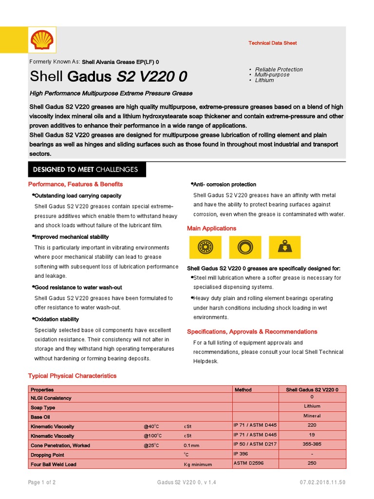 TDS - Shell Gadus S2 V220 0 | Lubricant | Bearing (Mechanical)