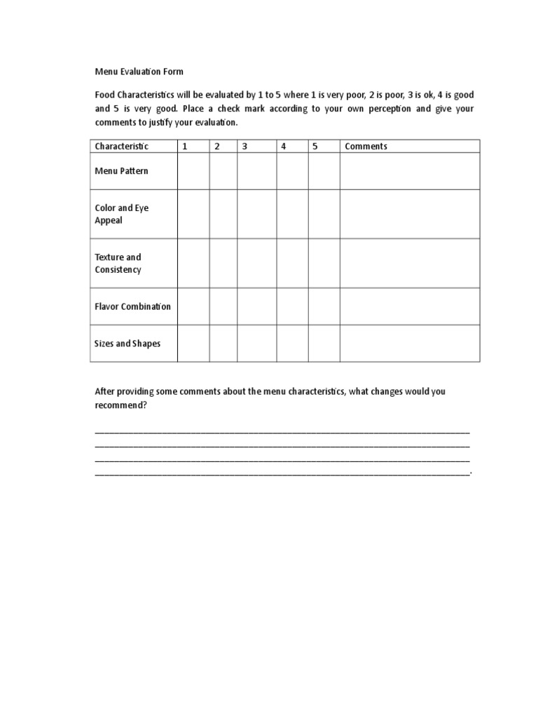 Menu Evaluation Form (Project) | PDF | Menu | Restaurants