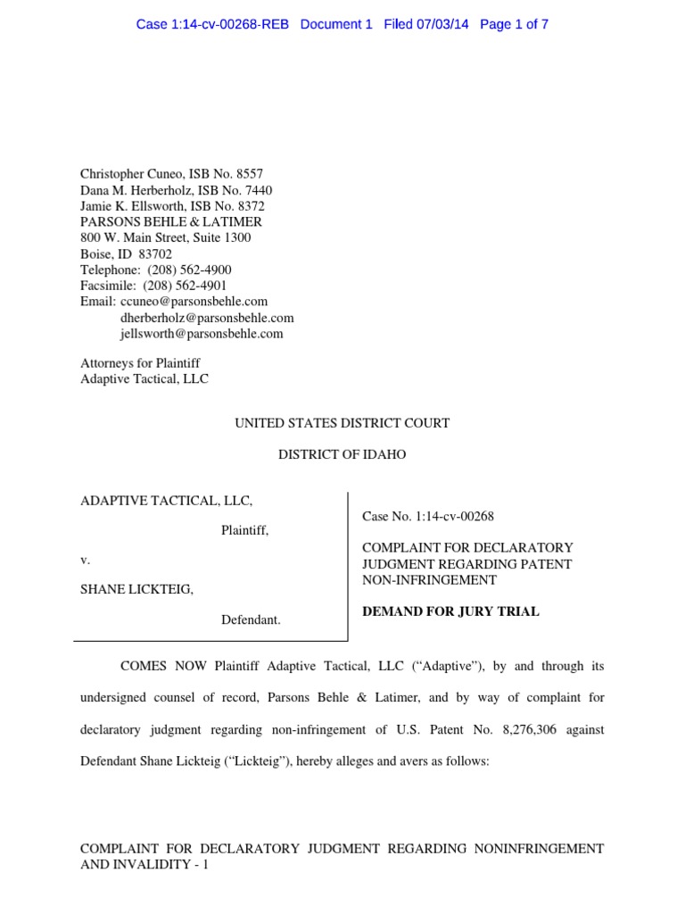Complaint For Declaratory Judgment Regarding Noninfringement and ...