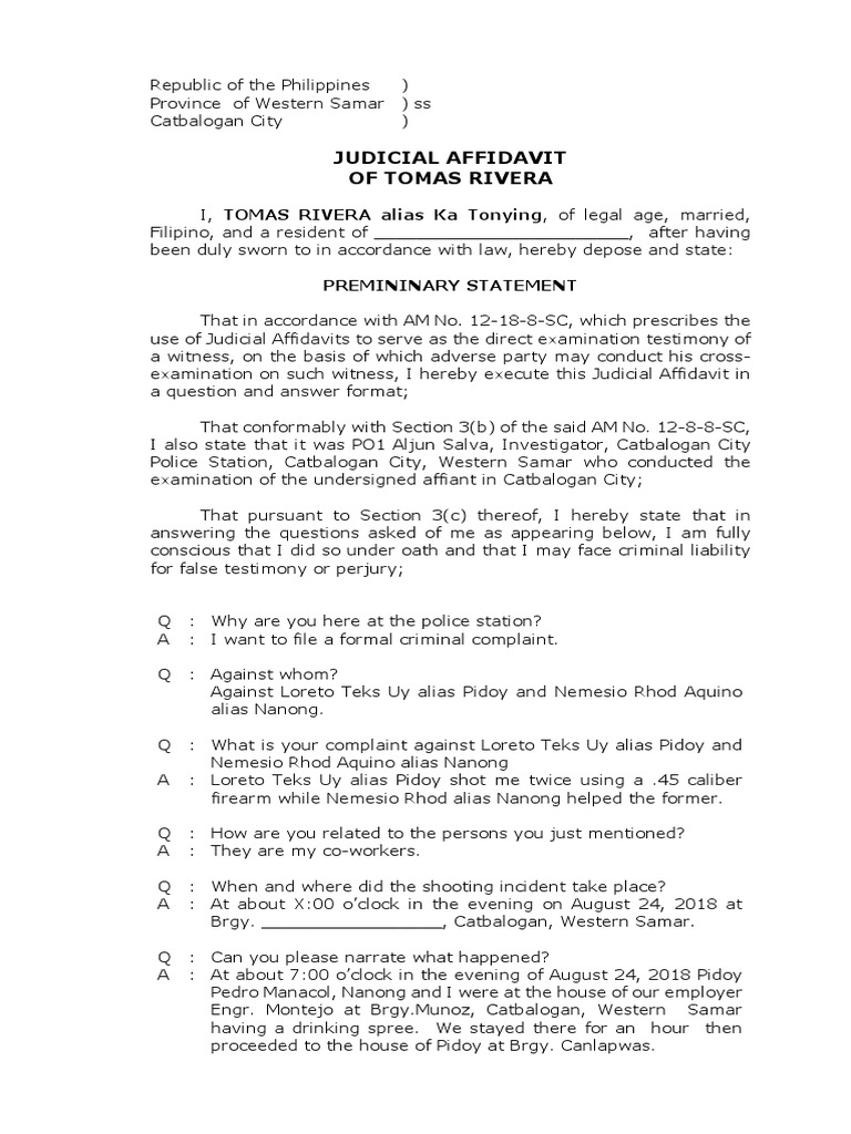 Judicial Affidavit Sample Attempted Homicide | PDF | Affidavit | Perjury