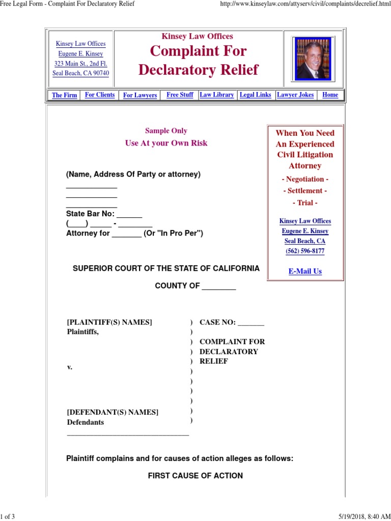 Free Legal Form - Complaint For Declaratory Relief | PDF | Declaratory ...