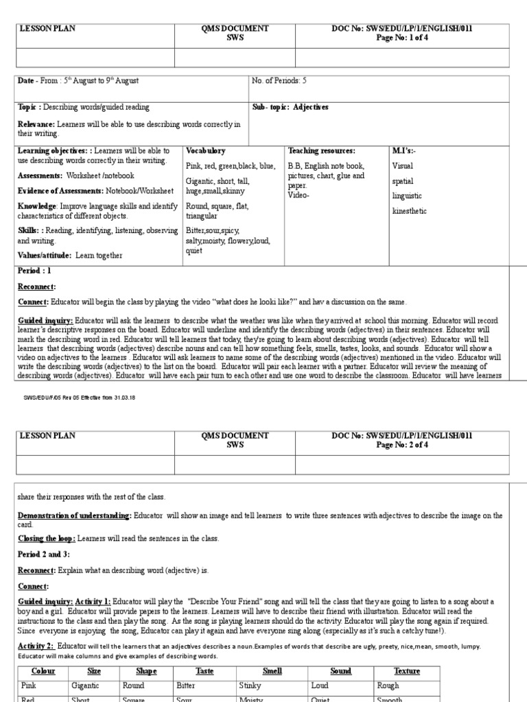 Lesson Plan Week 2 | PDF | Lesson Plan | Taste