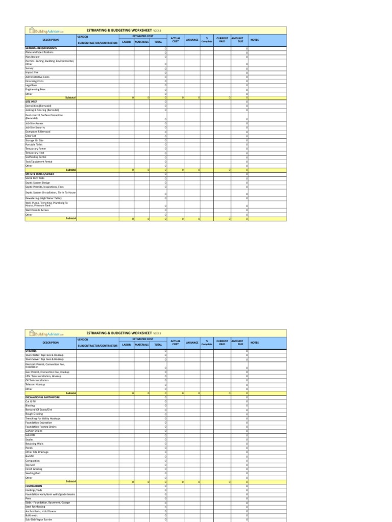 Estimating & Budgeting Worksheet | PDF | Basement | Building Insulation