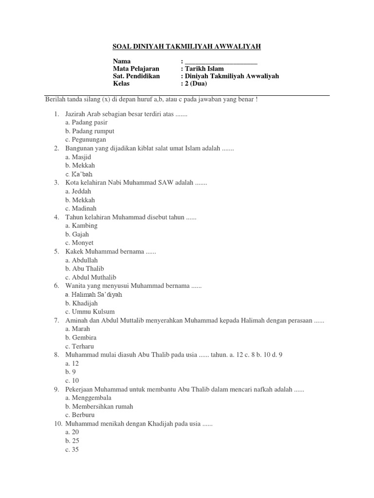 Soal Diniyah Takmiliyah Awwaliyah Kelas 2 Tarikh Islam | PDF