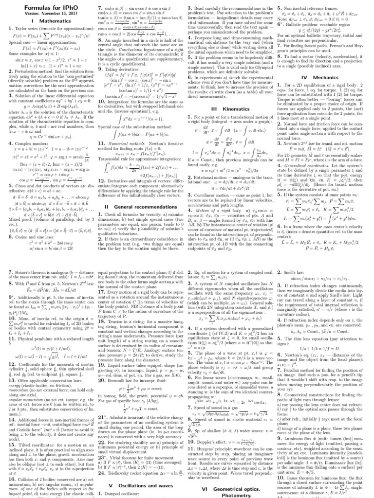 IPhO Formula Sheet Overview | PDF | Optics | Polarization (Waves)