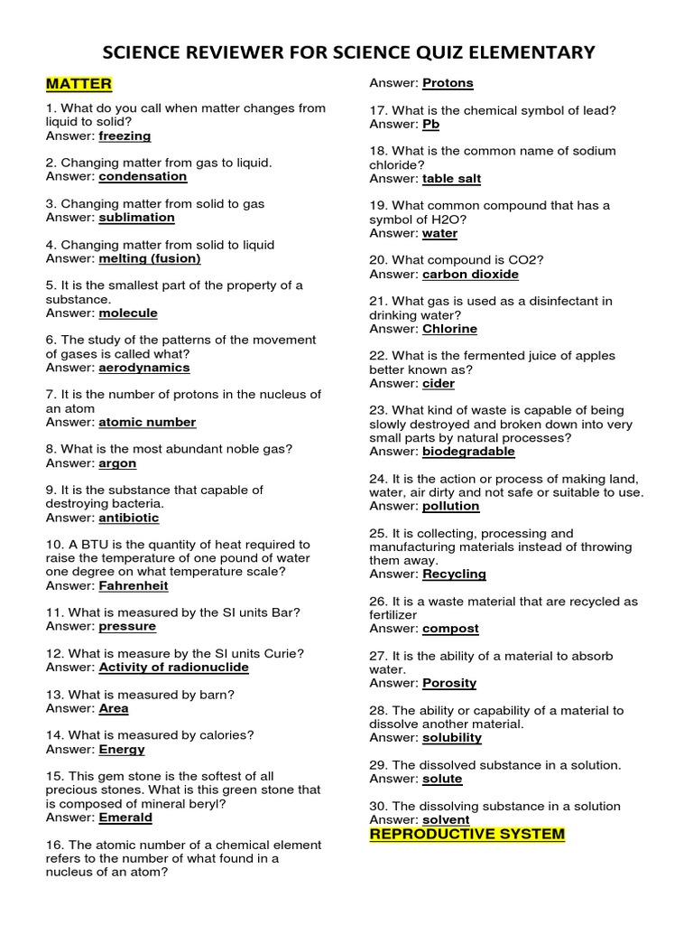 Science Reviewer For Science Quiz Elementary: Matter | PDF | Neuron | Blood