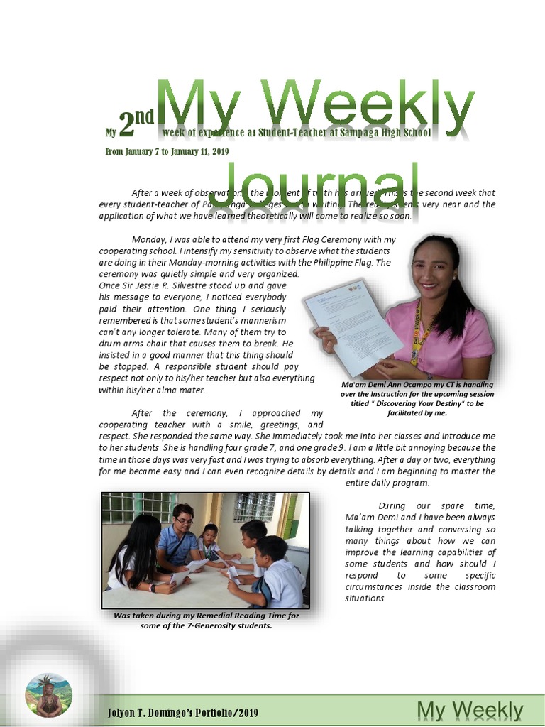 My Weekly Journal: My Week of Experience As Student-Teacher at Sampaga ...