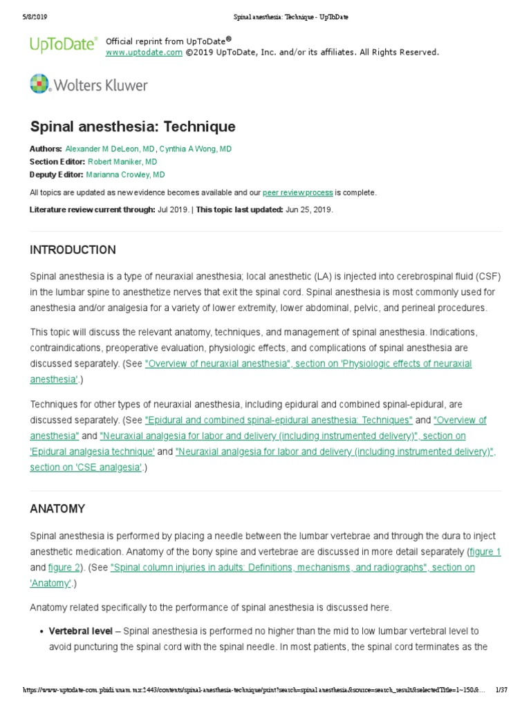 Spinal Anesthesia - Technique - UpToDate | PDF | Anesthesia | Spinal Cord
