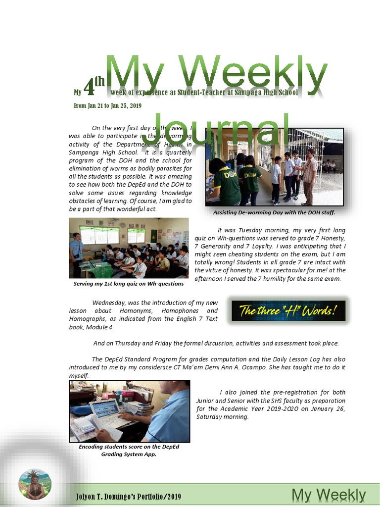 My Weekly Journal: My Week of Experience As Student-Teacher at Sampaga ...