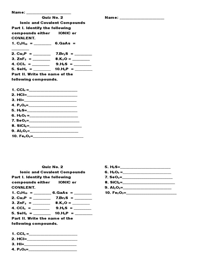 Naming Inorganic Compounds Quiz