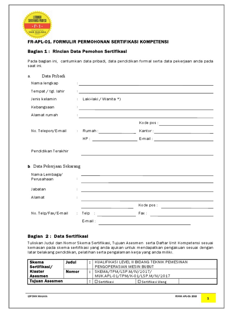 Fr-Apl-01. Formulir Permohonan Sertifikasi Kompetensi Bagian 1: Rincian Data Pemohon Sertifikasi ...