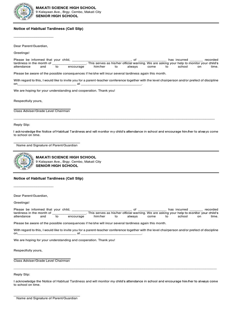 Notice For Late Call Slip | PDF | Human Development | Family