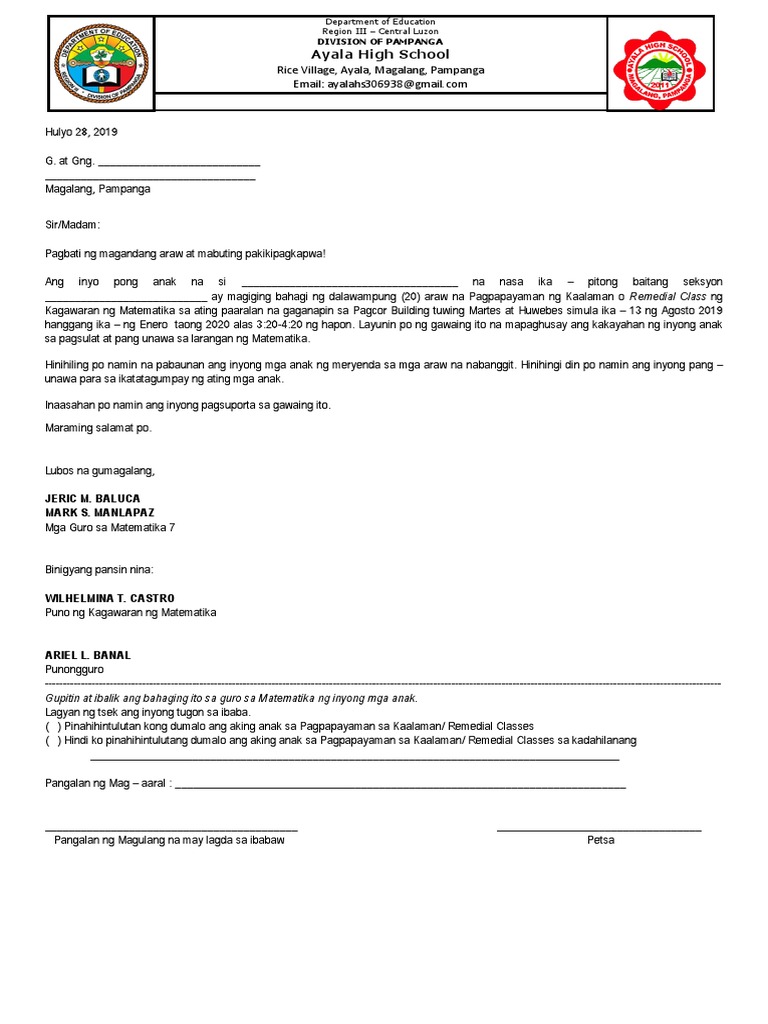 Letter For Parents in Mathematics Remedial Program With Attached ...