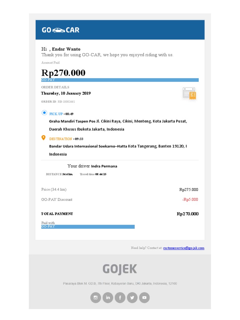 GO-CAR Ride Receipt: Jakarta to Airport | PDF