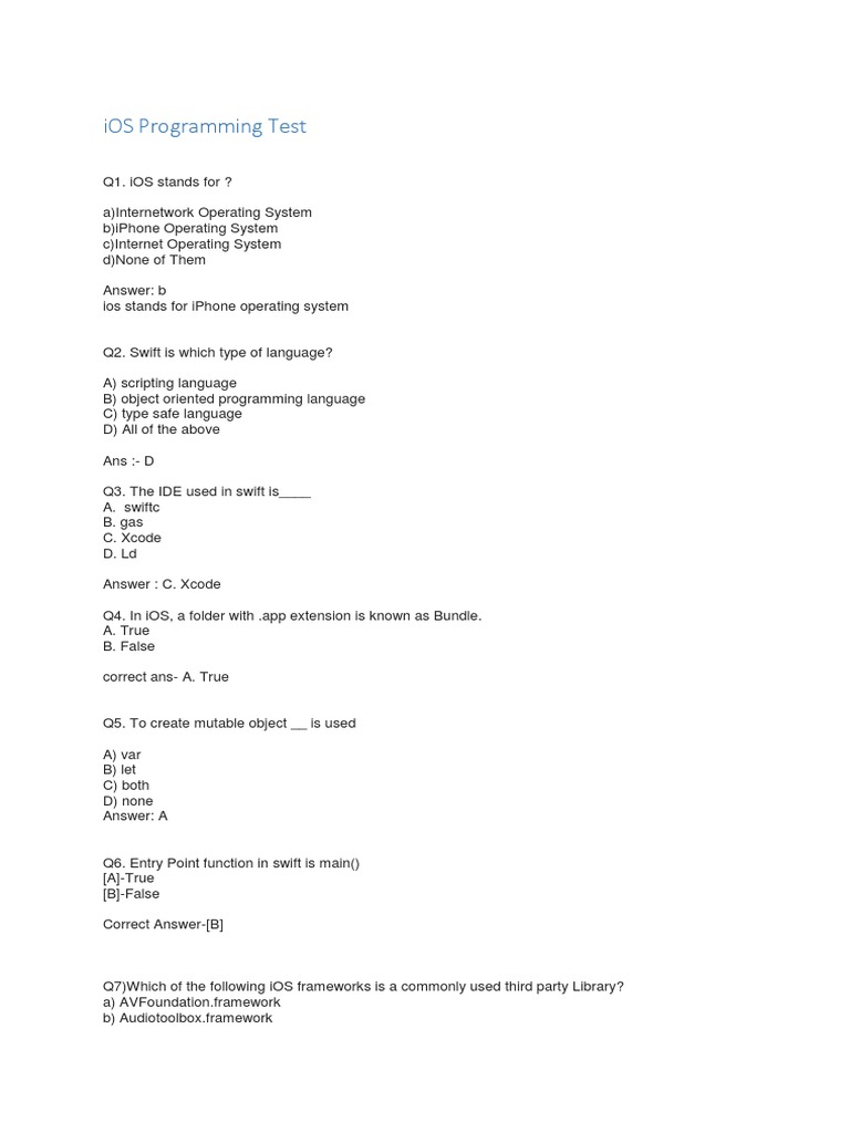 Ios Programming Test Pdf Swift Programming Language C Programming Language