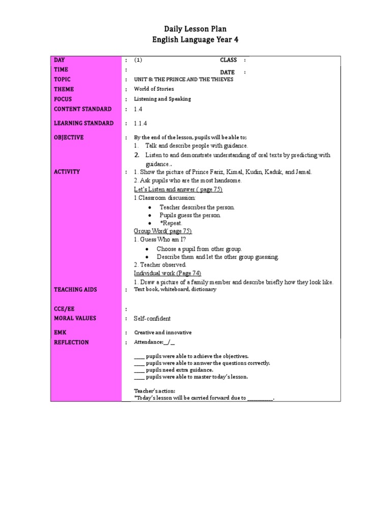 Daily Lesson Plan English Language Year 4 | PDF | Lesson Plan | Reading ...